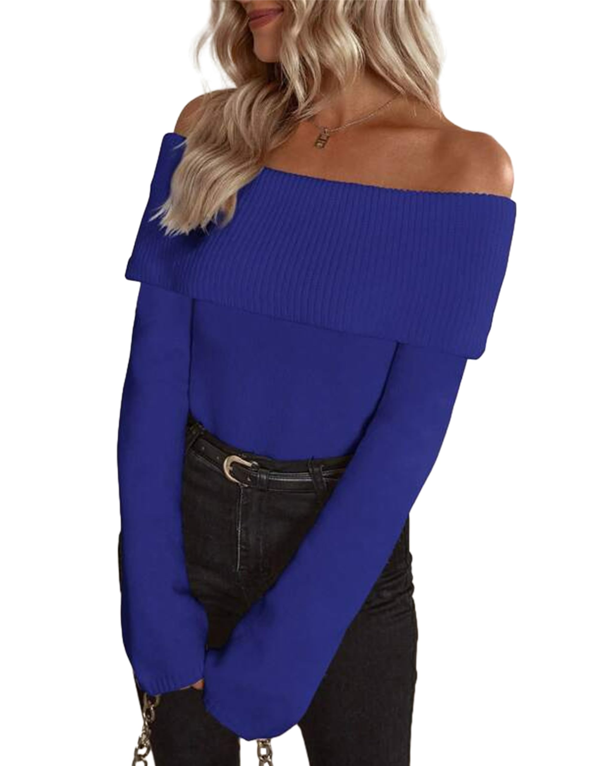 Labolliy Women Off Shoulder Fold Over Long Sleeve Sweaters Casual Solid Ribbed Knit 2023 Fall Pullover Jumper Tops Royal Blue