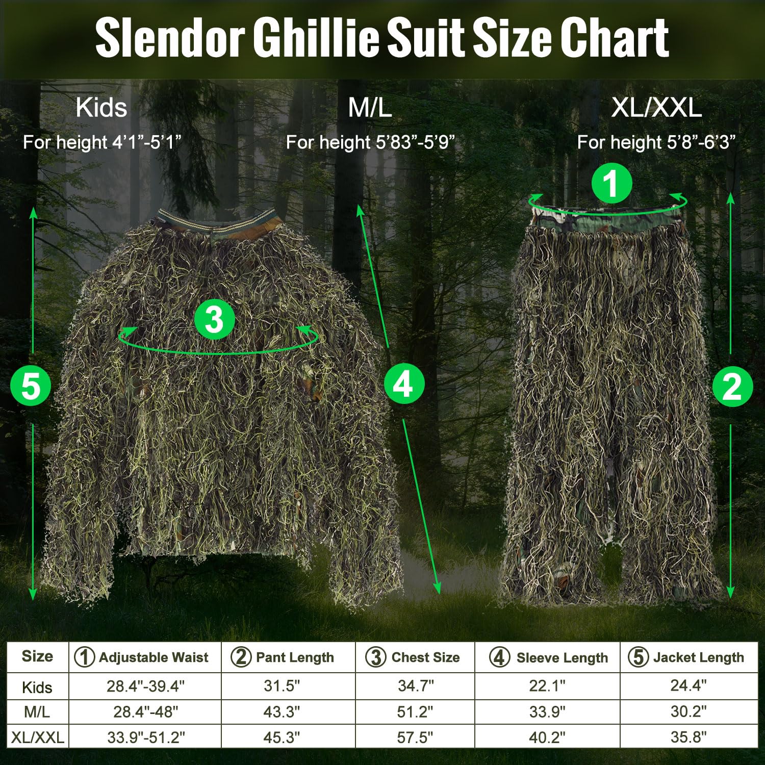 Slendor 6 in 1 Ghillie Suit, 3D Camouflage Hunting Apparel Camo Hunting Clothes, Bushman Costume Suitable for Men, Hunters