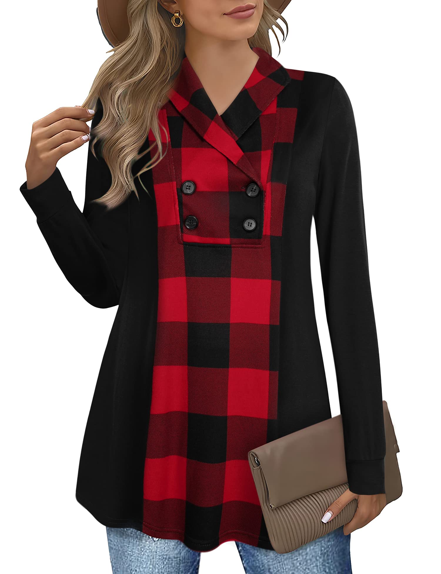 Tunic Tops to Wear with Leggings,Bebonnie Ladies Plus Size Fall Long Sleeve Casual Business Lapel V Neck Christmas Swing Sweatershirts Pullover Dressy Winter Tops Flannel Shirts Sweaters Red Black XL