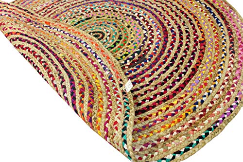 COTTON CRAFT Jute Chindi Braid Rag Rug - Boho Farmhouse Rustic Area Accent Throw Rug - Handwoven Reversible Natural Recycled Cotton - Living Room Den Study Home Décor Gift - 8 Feet Round - Multi Color