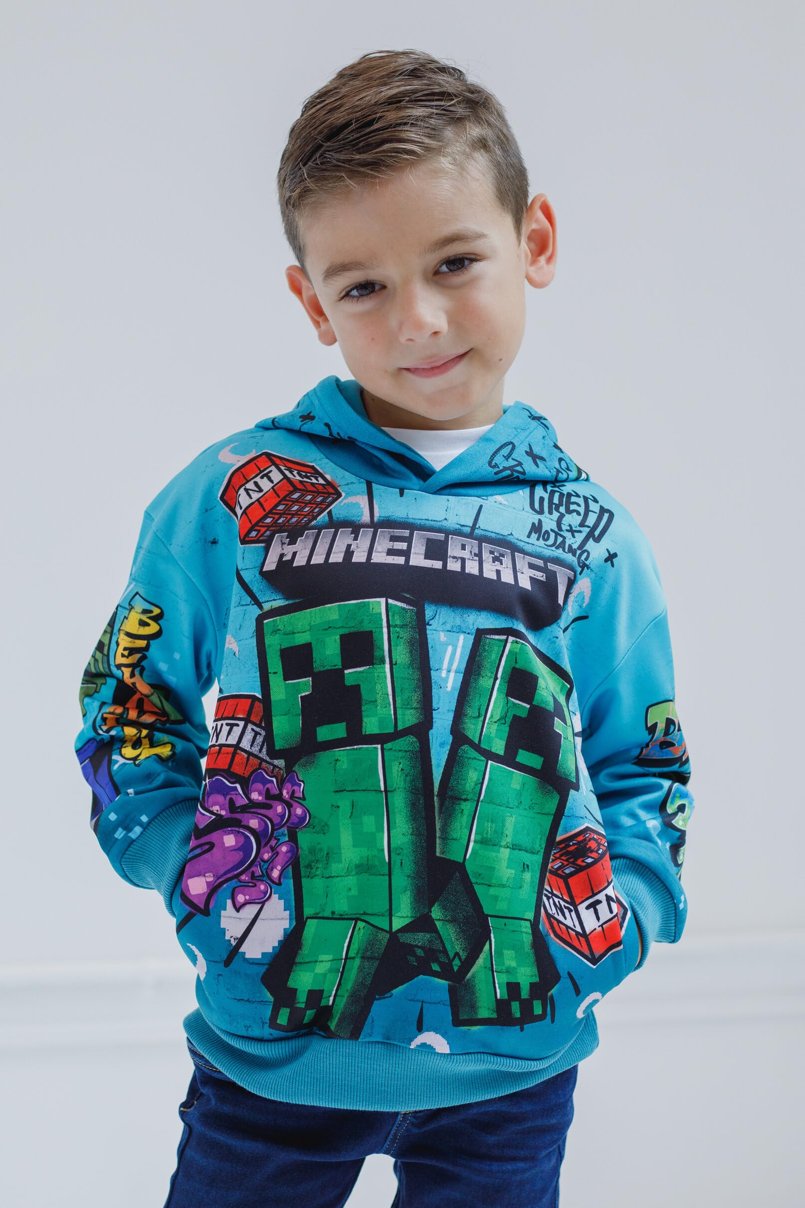 Minecraft Creeper Zombie Steve Big Boys Fleece Pullover Hoodie Turquoise 10-12