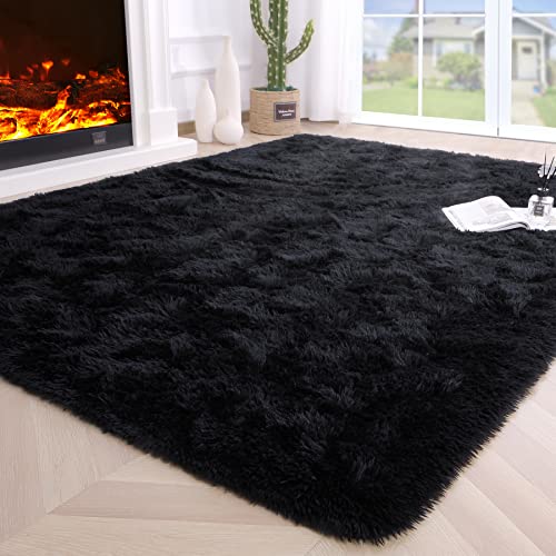 Noahas Fluffy Bedroom Rug Carpet,5.3x7.5 Feet,Shaggy Fuzzy Rugs for Bedroom,Soft Rug for Kids Room,Plush Nursery Rug for Baby,Thick Black Area Rugs for Living Room,Cute Room Decor for Girls Boys