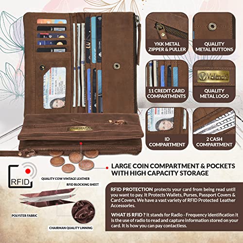 LEVOGUE RFID Soft Flexible Leather Wallet for Women-Credit Card Slots, Mobile case Coin Purse with ID Window - Handmade by VALENCHI (Brown Vintage)
