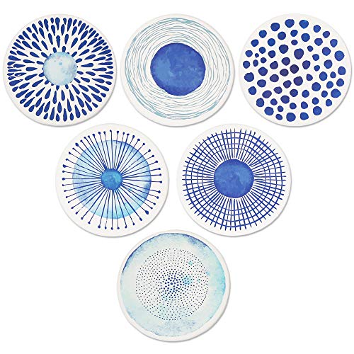 AD Set of 6 Coasters for Drinks Absorbing Round Ceramic Stone Coaster with Cork Base,Tabletop Protection Mat for Mugs and Cups,Office,Kitchen (Blue Watercolor Series)
