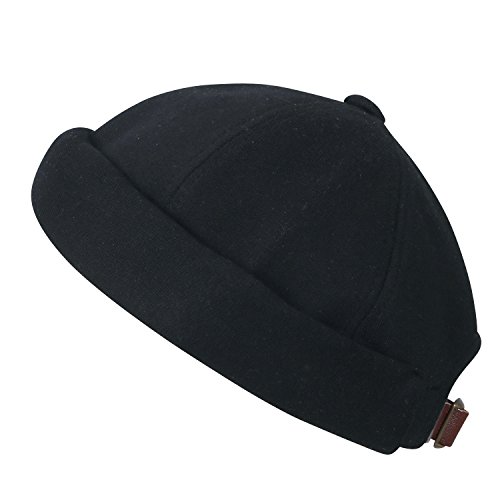 ililily Solid Color Cotton Short Beanie Strap Back Casual Cap Soft Hat (Medium, Black-Jersey)