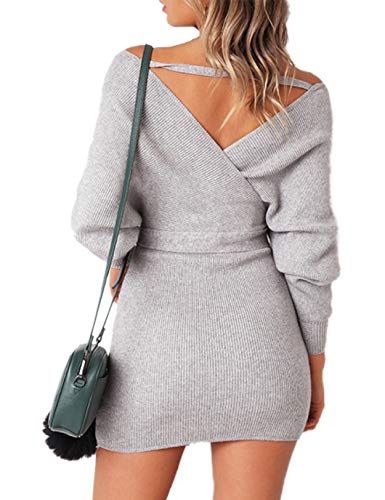 Zonsaoja Women's Sweater Dress Sexy V Neck Long Sleeve Backless Wrap Knitted Mini Dresses Grey S