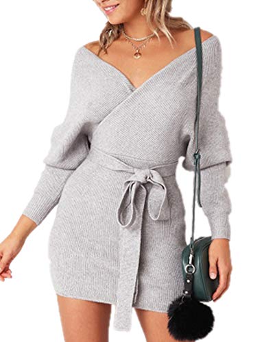 Zonsaoja Women's Sweater Dress Sexy V Neck Long Sleeve Backless Wrap Knitted Mini Dresses Grey S