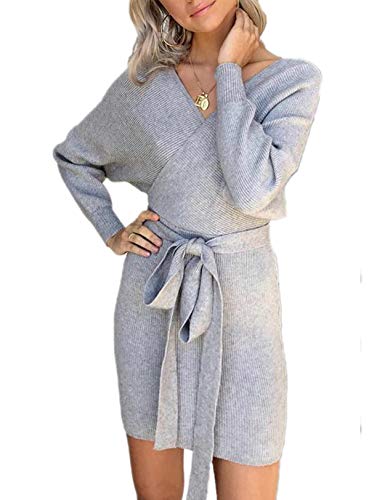 Zonsaoja Women's Sweater Dress Sexy V Neck Long Sleeve Backless Wrap Knitted Mini Dresses Grey S