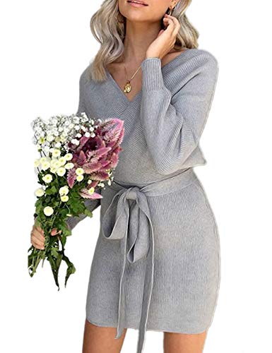 Zonsaoja Women's Sweater Dress Sexy V Neck Long Sleeve Backless Wrap Knitted Mini Dresses Grey S