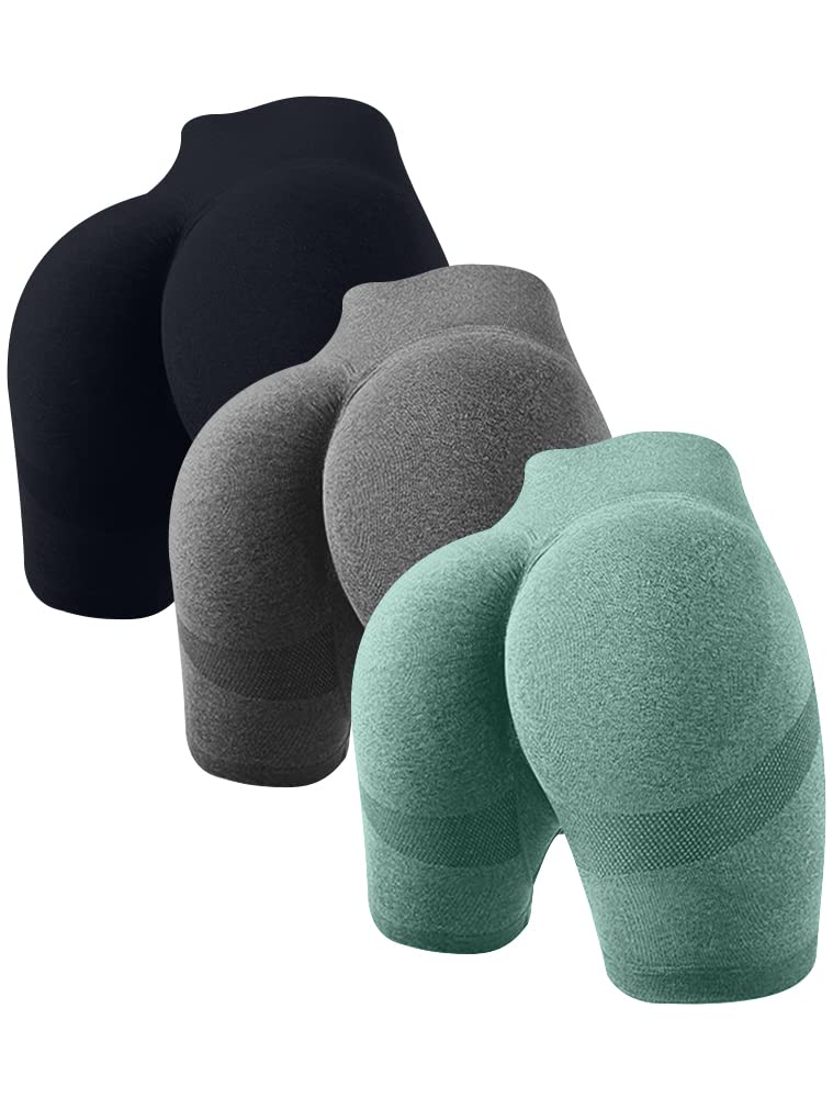 OQQ Women's 3 Piece Butt Lifting Yoga Workout High Waist Tummy Control Ruched Booty Pants Shorts, Black Grey Darkgreen, Large