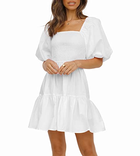 Atizon Women's Summer Smocked Dress Square Neck Puff Sleeve Casual Vintage Off Shoulder A-Line Short Mini Dress