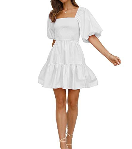 Atizon Women's Summer Smocked Dress Square Neck Puff Sleeve Casual Vintage Off Shoulder A-Line Short Mini Dress