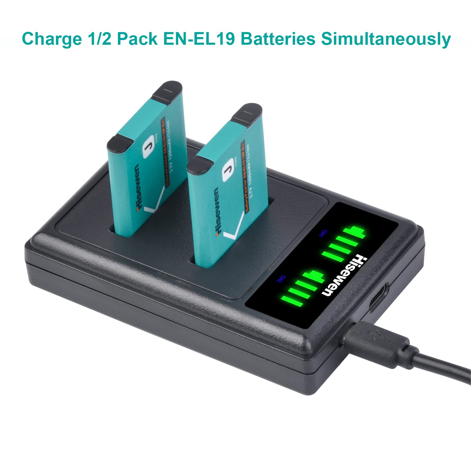 Hisewen EN-EL19 Battery 3 Pack and Dual USB Charger kit for Nikon Coolpix S32, S33,S100, S2800, S3100, S3200, S3300, S3500, S3600, S3700, S4100, S4200, S4300, S5200, S5300, S6500, S6800, S7000