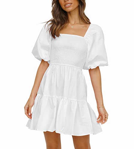 Atizon Women's Summer Smocked Dress Square Neck Puff Sleeve Casual Vintage Off Shoulder A-Line Short Mini Dress