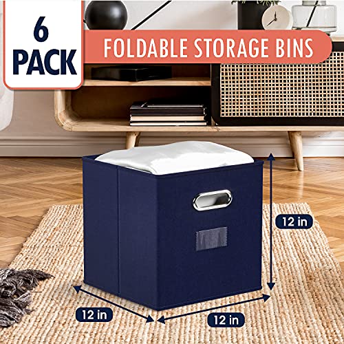 Ornavo Home Foldable Storage Bins Basket Cube Organizer With Dual Handles and Window Pocket - 6 Pack - 12" L x 12" W x 12" H - Navy Blue