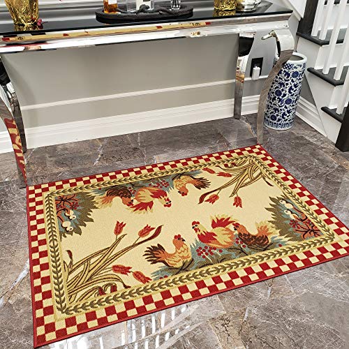Kitchen Rugs and Mats - 39" x 59" (3X5) - Non Skid, Rubber Back - Rooster Themed - Rectangle Area Rug