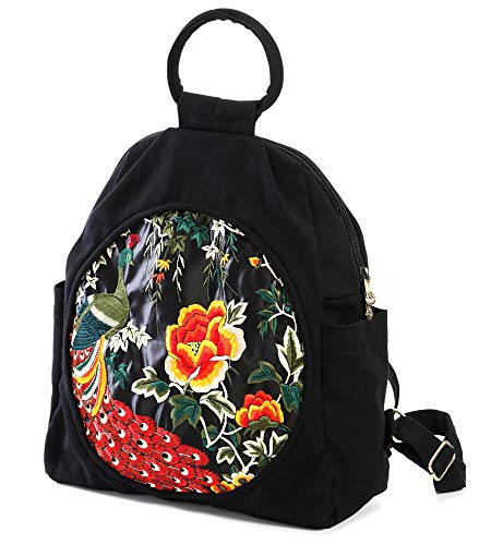 Jursccu Women Casual Backpack Fashion Vintag Embroidered Backpack, Travel Backpack Canvas Shoulder Bag Handbag