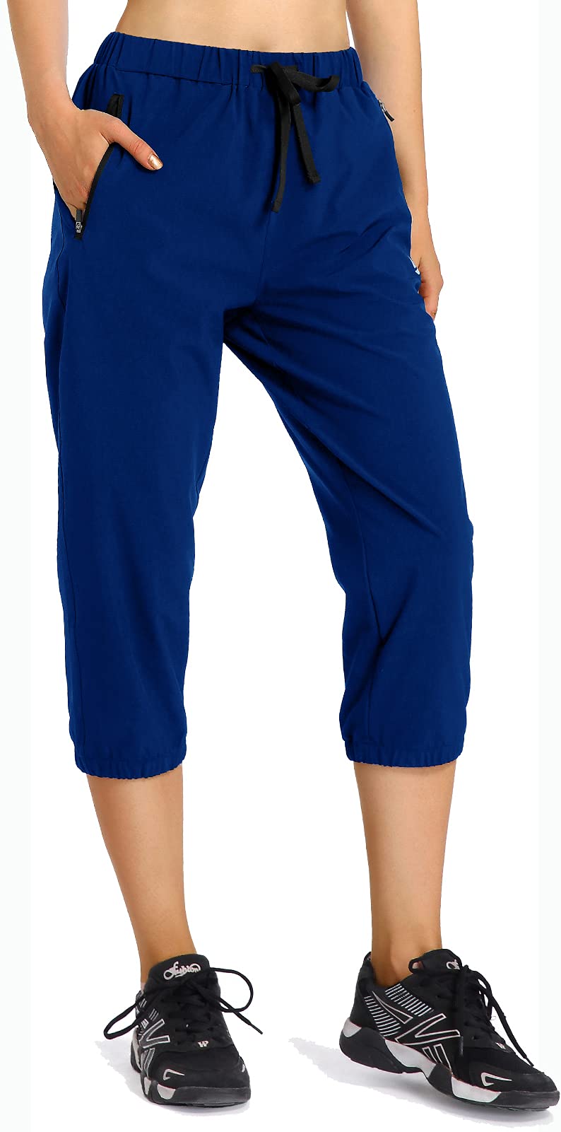 Womens Lightweight Jogger Capri Pants Quick Dry Workout Running Capris Sun Protection UPF 50+ Zipper Pockets Deep Blue