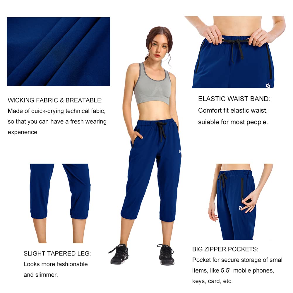 Womens Lightweight Jogger Capri Pants Quick Dry Workout Running Capris Sun Protection UPF 50+ Zipper Pockets Deep Blue