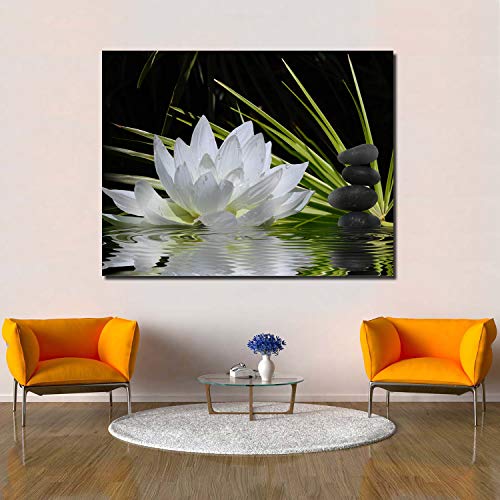 Canvas Wall Art - White Lotus and Black Zen Stones Picture - Modern Wall Decor Gallery Canvas Wraps Giclee Print Stretched and Framed Ready to Hang - 16" x 24"