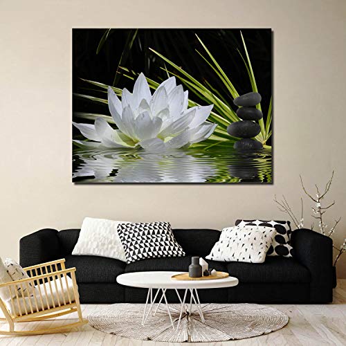 Canvas Wall Art - White Lotus and Black Zen Stones Picture - Modern Wall Decor Gallery Canvas Wraps Giclee Print Stretched and Framed Ready to Hang - 16" x 24"