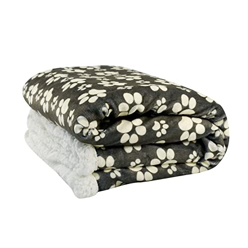 long rich Printed Dog paw Flannel Reverse to Sherpa Throw Blanket, Gray, by Happycare Textiles