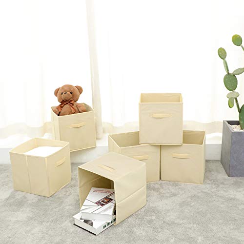 BASTUO Storage Bins 6-Pack Cloth Storage Cube with 2 Handles, Foldable Cube Organizer Basket for Kids Room, Closet and Toys Storage, Beige