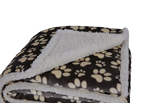 long rich Printed Dog paw Flannel Reverse to Sherpa Throw Blanket, Gray, by Happycare Textiles
