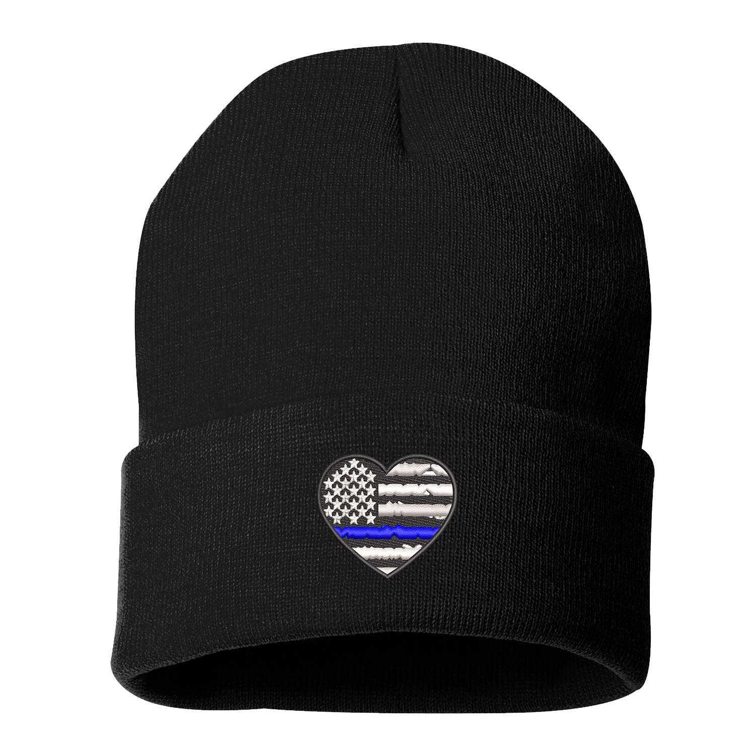 DSY Lifestyle Police Heart Unisex Beanie Hat - Thin Blue Line Heart Beanie (Black)
