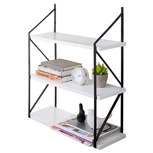 MyGift 3-Tier Farmhouse White Wood Wall Floating Shelves - 23 Inch Wall-Mounted Organization Wooden Shelf Rack with Black Metal Brackets