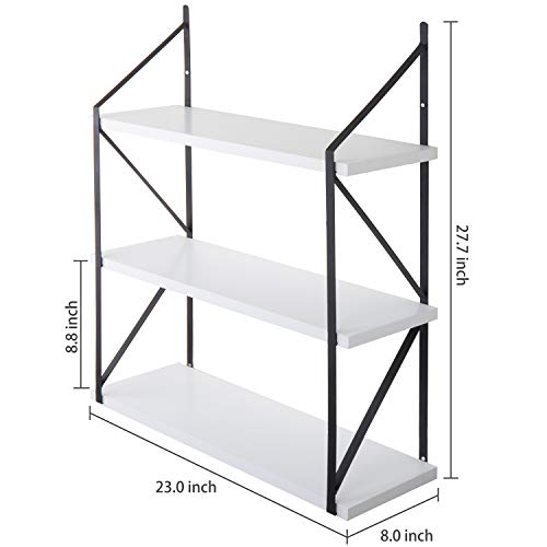MyGift 3-Tier Farmhouse White Wood Wall Floating Shelves - 23 Inch Wall-Mounted Organization Wooden Shelf Rack with Black Metal Brackets
