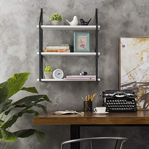 MyGift 3-Tier Farmhouse White Wood Wall Floating Shelves - 23 Inch Wall-Mounted Organization Wooden Shelf Rack with Black Metal Brackets