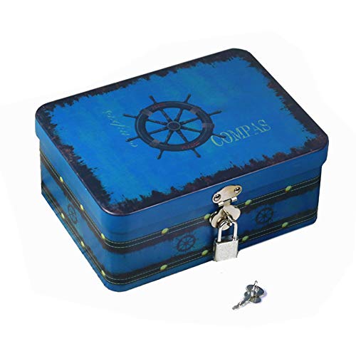 Retro Style Rectangle Tinplate Storage Box with Padlock, Home Kitchen Desktop Storage Tin Canister, Chocolate Candy Tea Coffee Cosmetics Jewelry Photos Gift Case (Rudder)