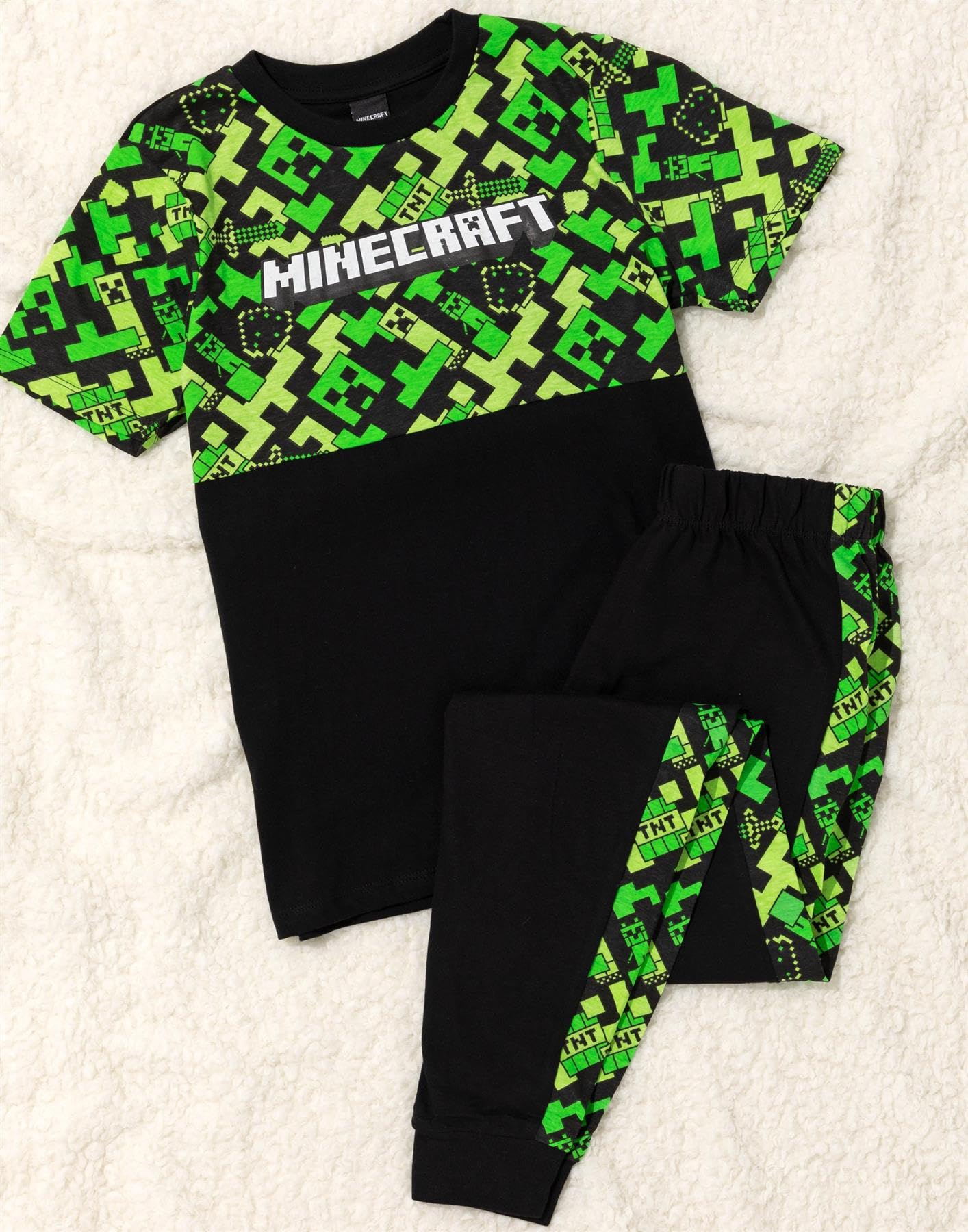 Minecraft Camo Pajama Set | Creeper Short Sleeve Top and Long Leg Bottoms | Comfortable Kids Gaming Nightwear for Bedtime