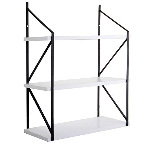 MyGift 3-Tier Farmhouse White Wood Wall Floating Shelves - 23 Inch Wall-Mounted Organization Wooden Shelf Rack with Black Metal Brackets