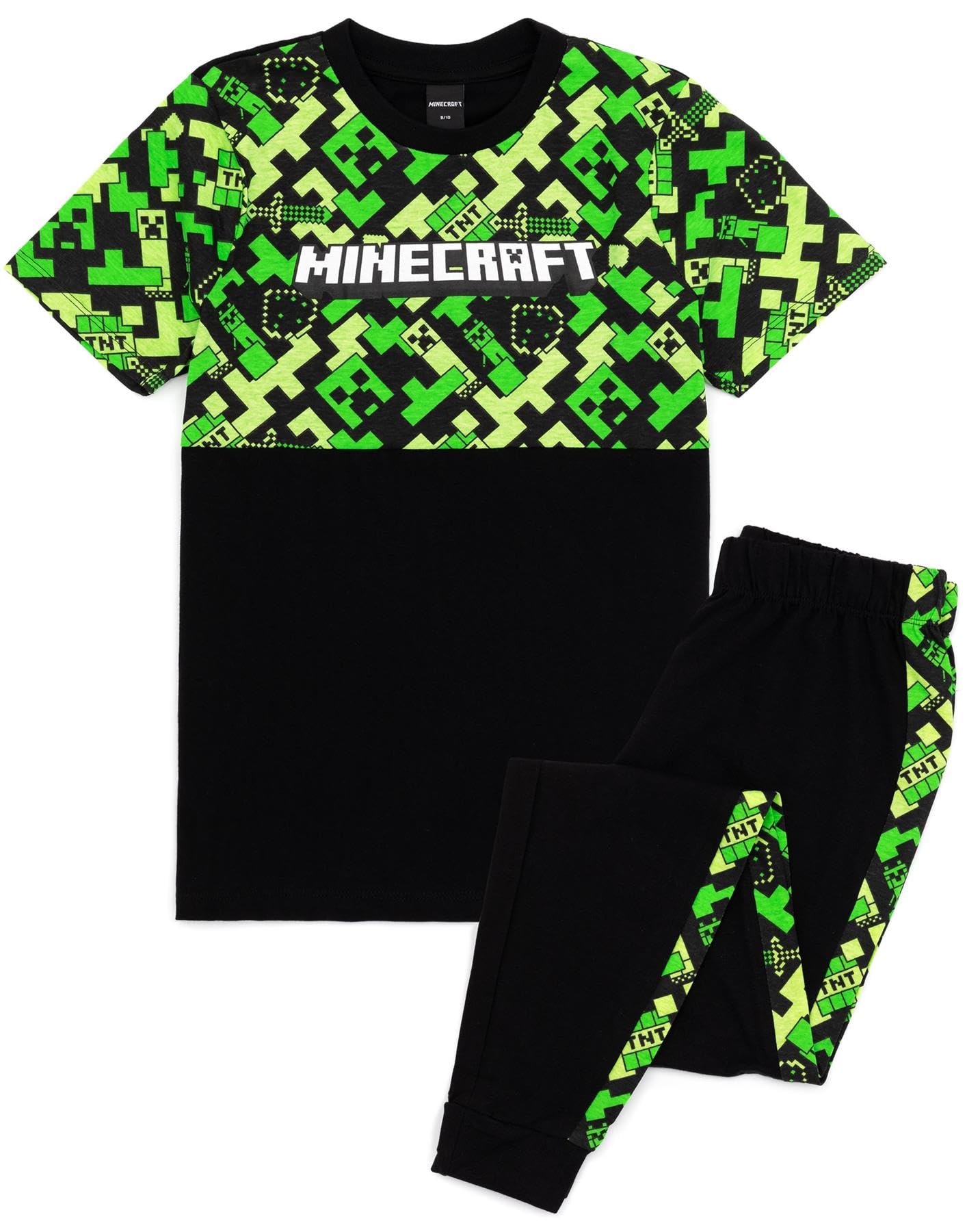 Minecraft Camo Pajama Set | Creeper Short Sleeve Top and Long Leg Bottoms | Comfortable Kids Gaming Nightwear for Bedtime