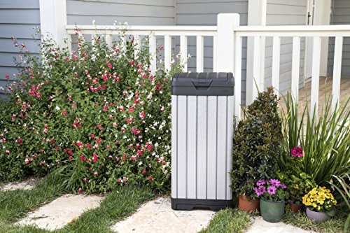 Keter Rockford Resin 38 Gallon Trash Can with Lid and Drip Tray for Easy Cleaning-Perfect for Patios, Kitchens, and Outdoor Entertaining, Grey