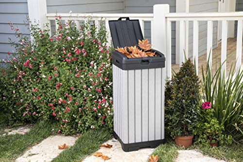 Keter Rockford Resin 38 Gallon Trash Can with Lid and Drip Tray for Easy Cleaning-Perfect for Patios, Kitchens, and Outdoor Entertaining, Grey