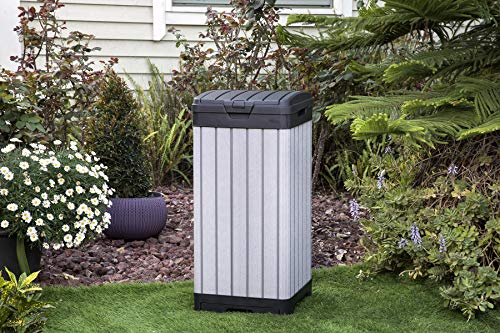 Keter Rockford Resin 38 Gallon Trash Can with Lid and Drip Tray for Easy Cleaning-Perfect for Patios, Kitchens, and Outdoor Entertaining, Grey