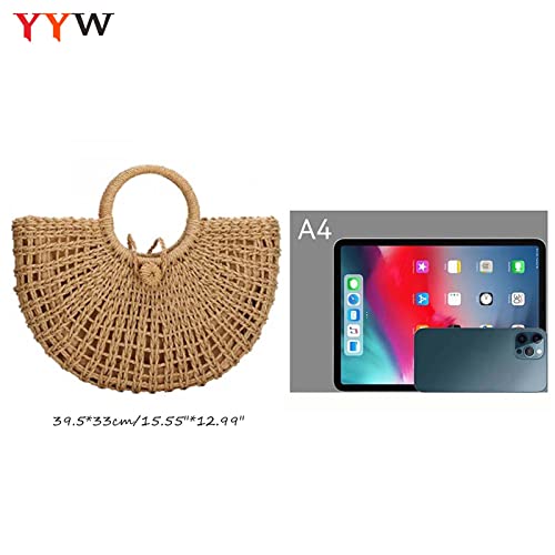 Straw Bags for Women,Hand-woven Straw Top-handle Bag with Round Ring Handle Summer Beach Rattan Tote Handbag (Khaki)