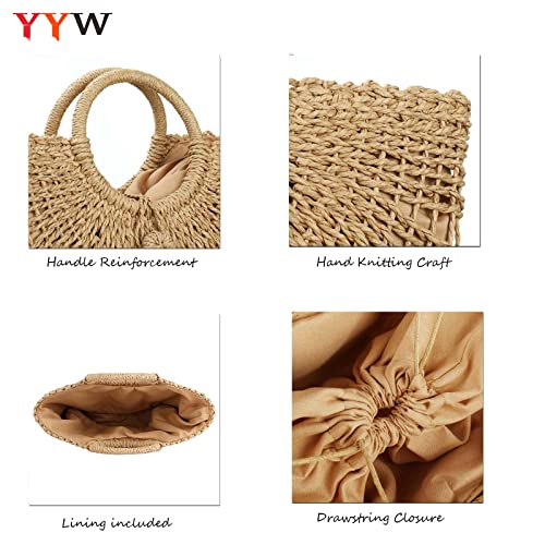 Straw Bags for Women,Hand-woven Straw Top-handle Bag with Round Ring Handle Summer Beach Rattan Tote Handbag (Khaki)