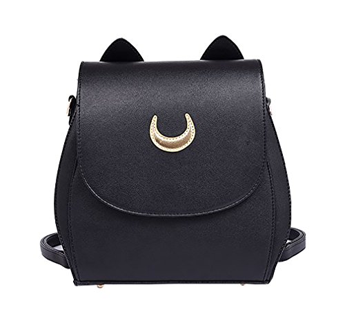JHVYF Moon Luna Backpack Cute Kitty Cat Shoulder Bag PU Leather Backpack School Bag Black 3034