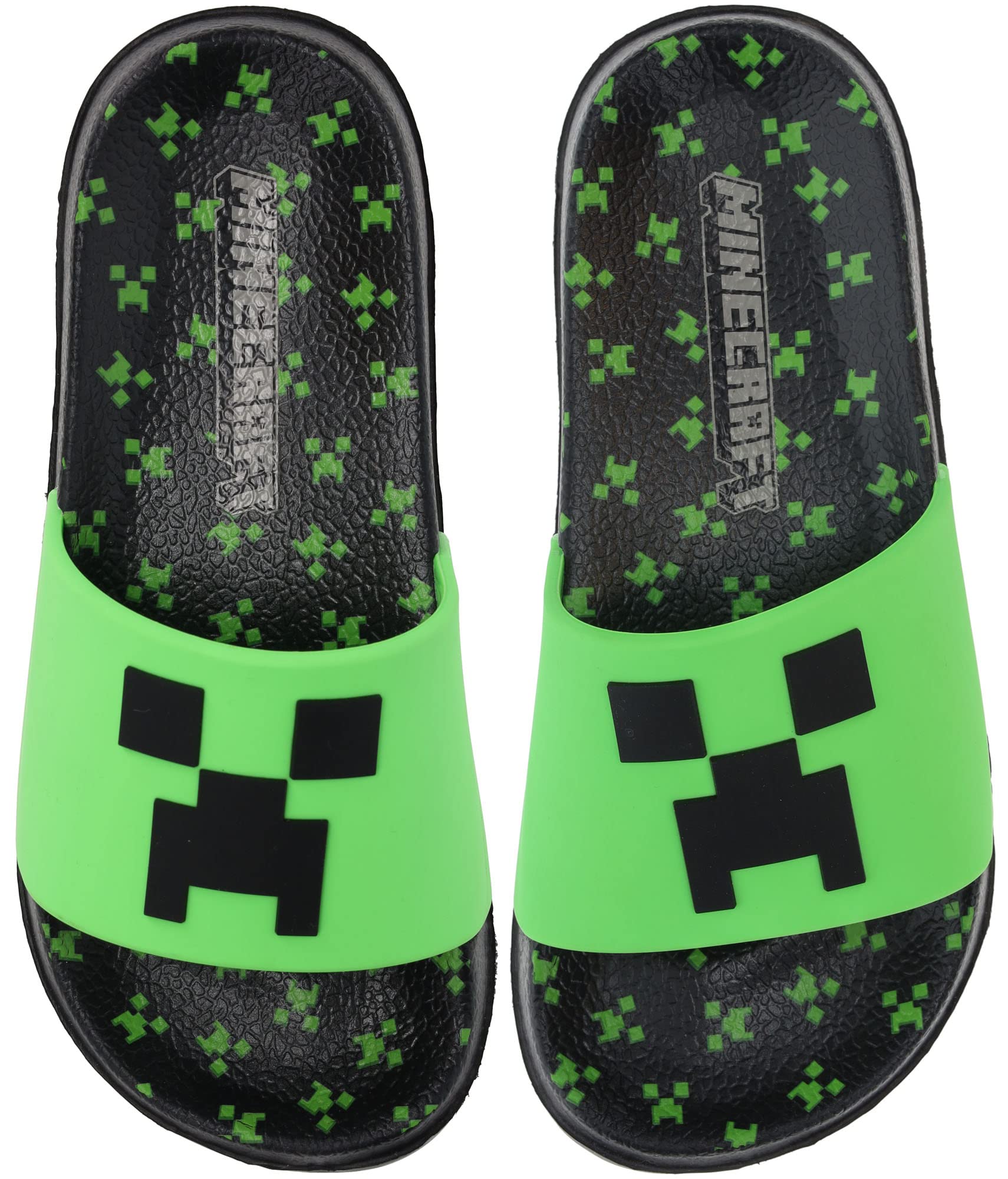 Minecraft Boys' Sport Slide Sandals, Indoor Outdoor Pool Slide, Black/Green, Size 12/13 Little Kid