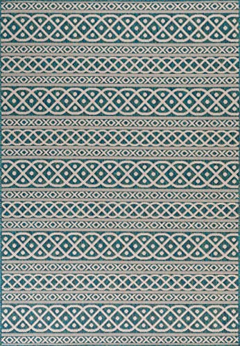 RUGBUGGERY Indoor Outdoor Anti-Fade Moroccan Boho Panel Area Rug 8'x10' Ocean Blue (Bohemian, Southwestern, Transitional, Pet Friendly, Non Shedding, Stain Resistant)