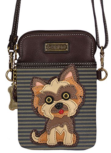 Chala Group Yorkshire Terrier Cellphone Crossbody Handbag - Convertible Strap Yorkie Mom, Brown Stripes, 5" x 7.5" x 1"
