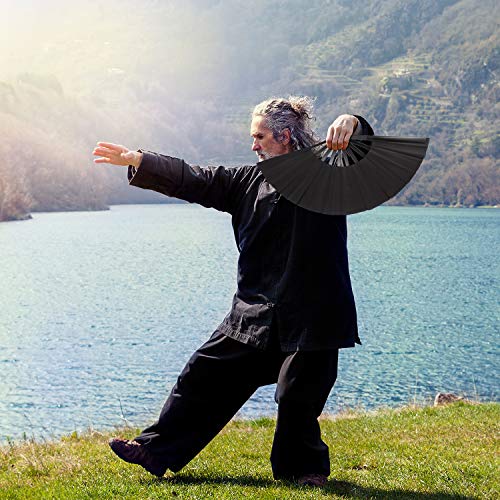 Large Folding Silk Hand Fan Hand Folding Fans Chinese Tai Chi Folding Fan for Men and Women Performance, Dance, Decorations, Festival, Gift (Black, 2 Packs)