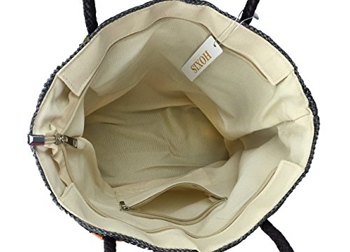 HOXIS Color Block Crocodile Pattern Stripes Woven Synthetic Straw Tote Womens Shoulder Vacation bag (Khaki)