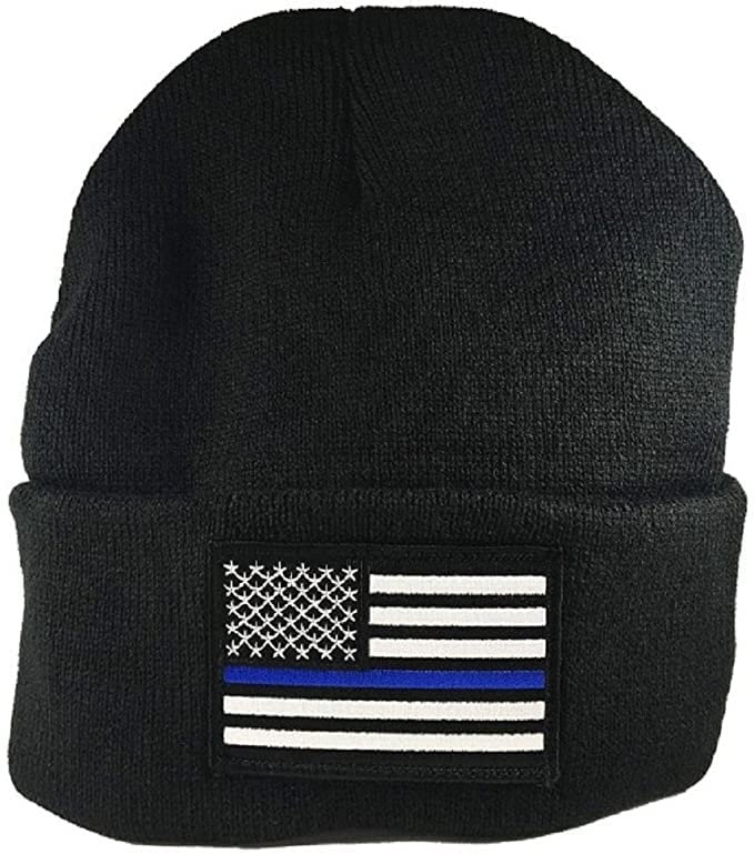 USA Embroidered Blue Line American Flag Cuffed Beanie Hat (Black)