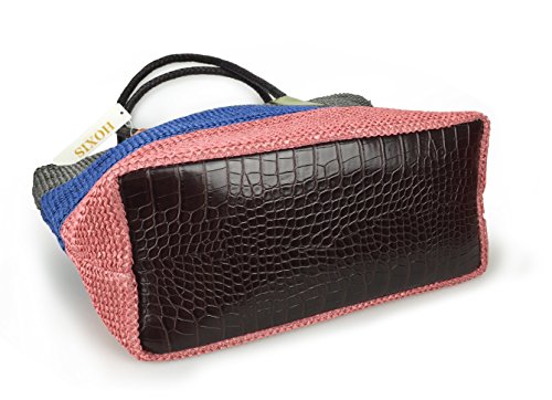 HOXIS Color Block Crocodile Pattern Stripes Woven Synthetic Straw Tote Womens Shoulder Vacation bag (Khaki)