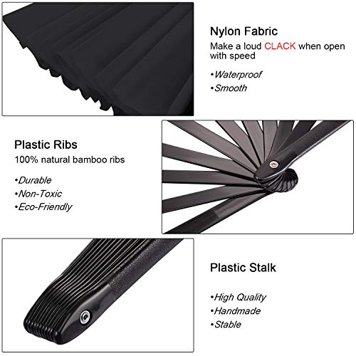 Large Folding Silk Hand Fan Hand Folding Fans Chinese Tai Chi Folding Fan for Men and Women Performance, Dance, Decorations, Festival, Gift (Black, 2 Packs)
